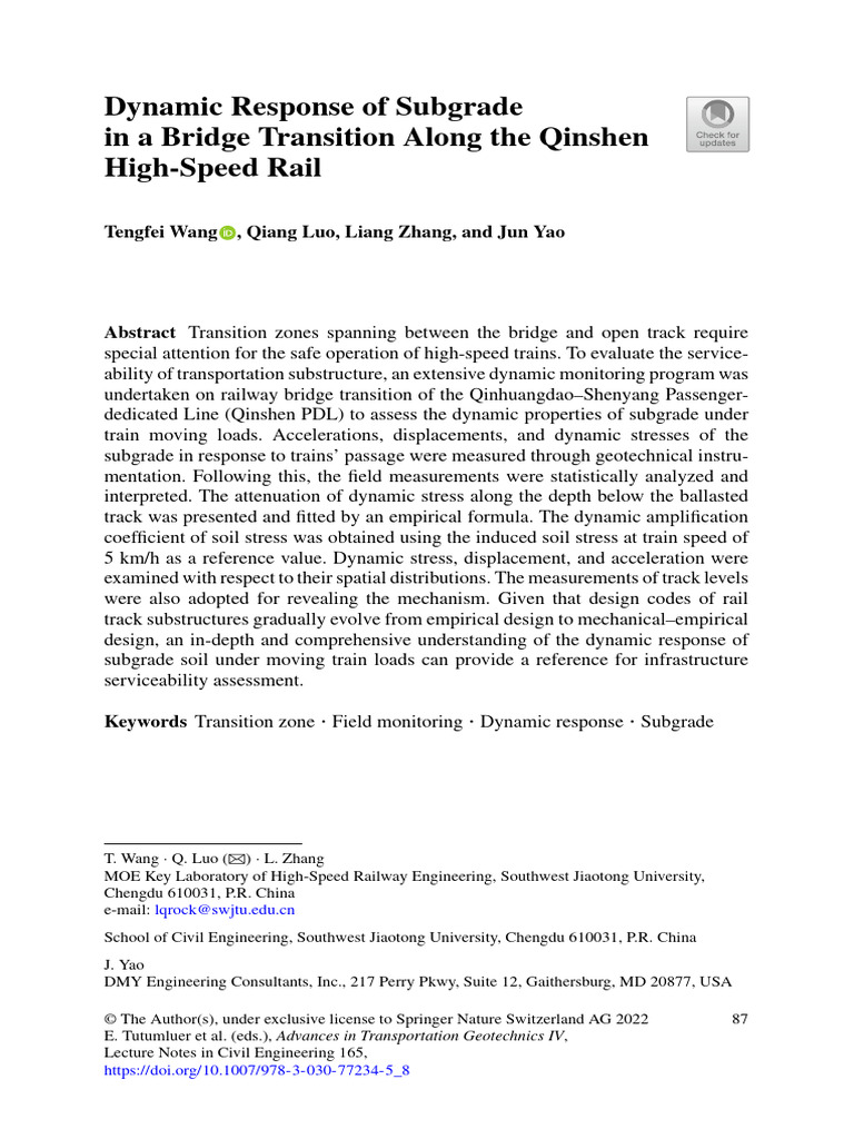 2021 Dynamic Response Of Subgrade In A Bridge Transition Along The Qinshen High Speed Pdf