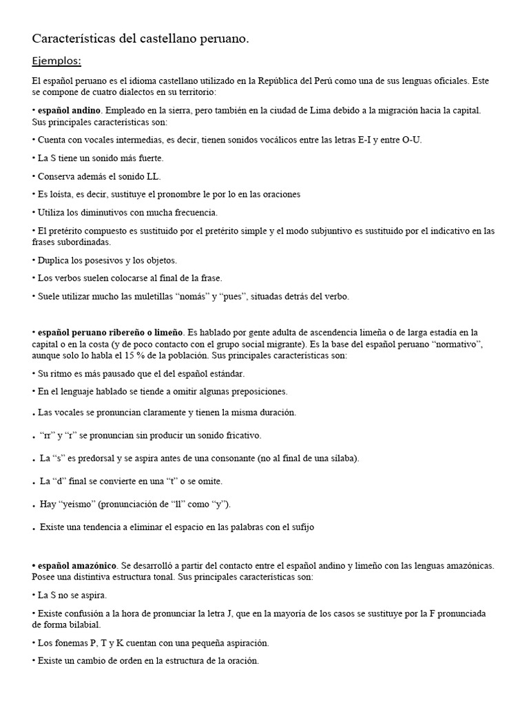 Características Del Castellano Peruano | PDF | Lengua española ...