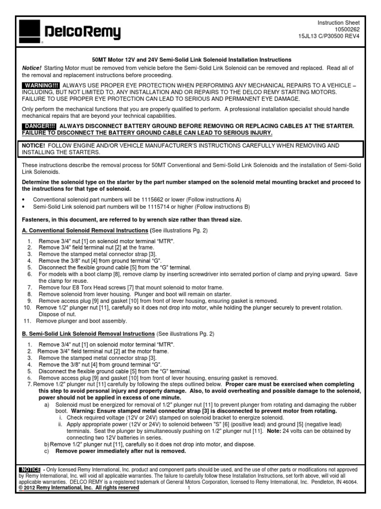 Semi Solid Link Solenoid Installation Instructions 50MT Motor 12V and ...