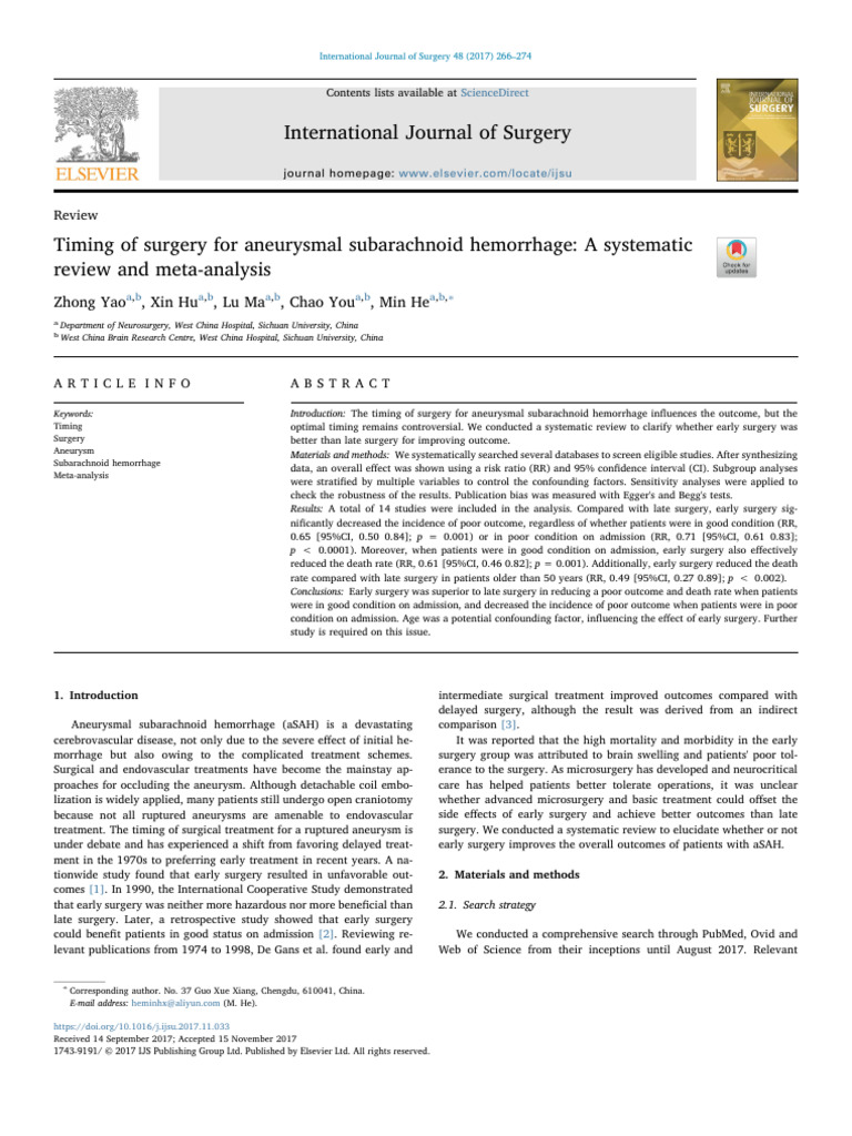 Timing of Surgery For Aneurysmal Subarachnoid Hemorrhage - A Systematic ...