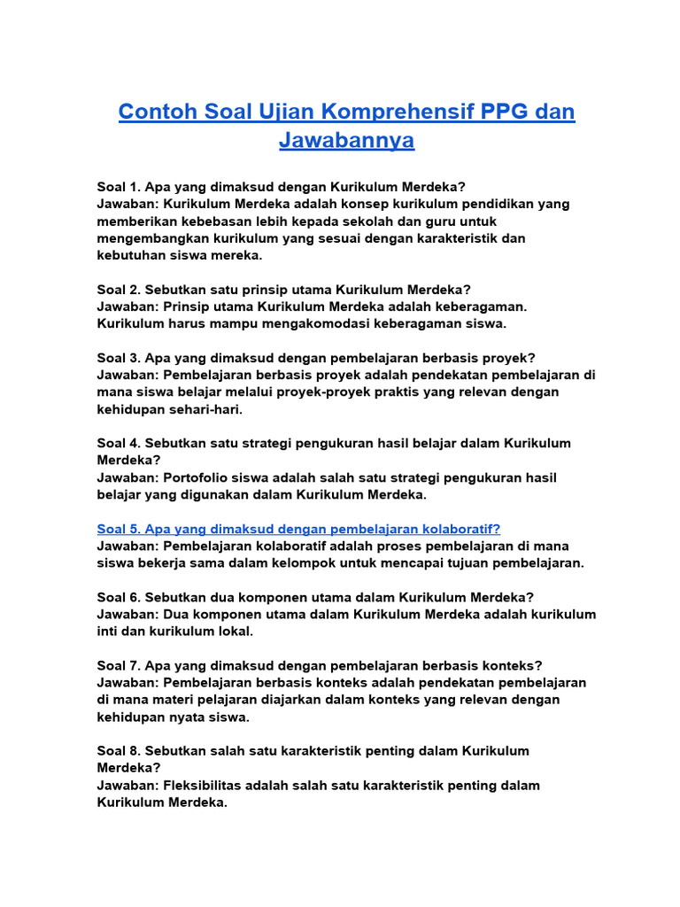 Contoh Soal Ujian Komprehensif PPG Dan Jawabannya | PDF