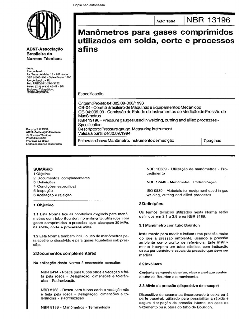 NBR 13196 - Manometros para Gases Comprimidos Utilizados em Solda Corte ...