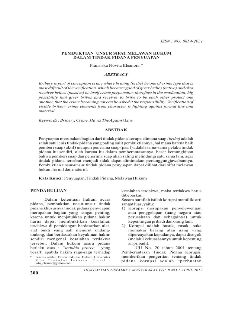 Pembuktian Unsur Sifat Melawan Hukum Dalam Tindak Pidana Penyuapan | PDF | Ilmu Sosial