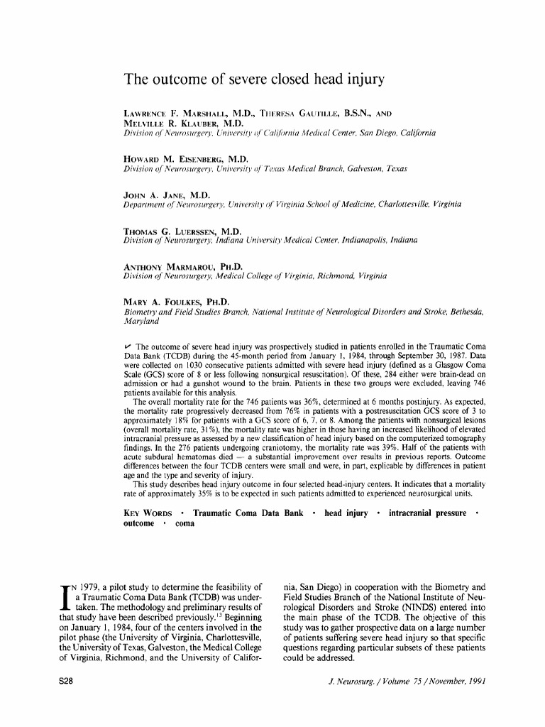 Marshall1991 The Outcome of Severe Closed Head Injury | PDF | Traumatic ...