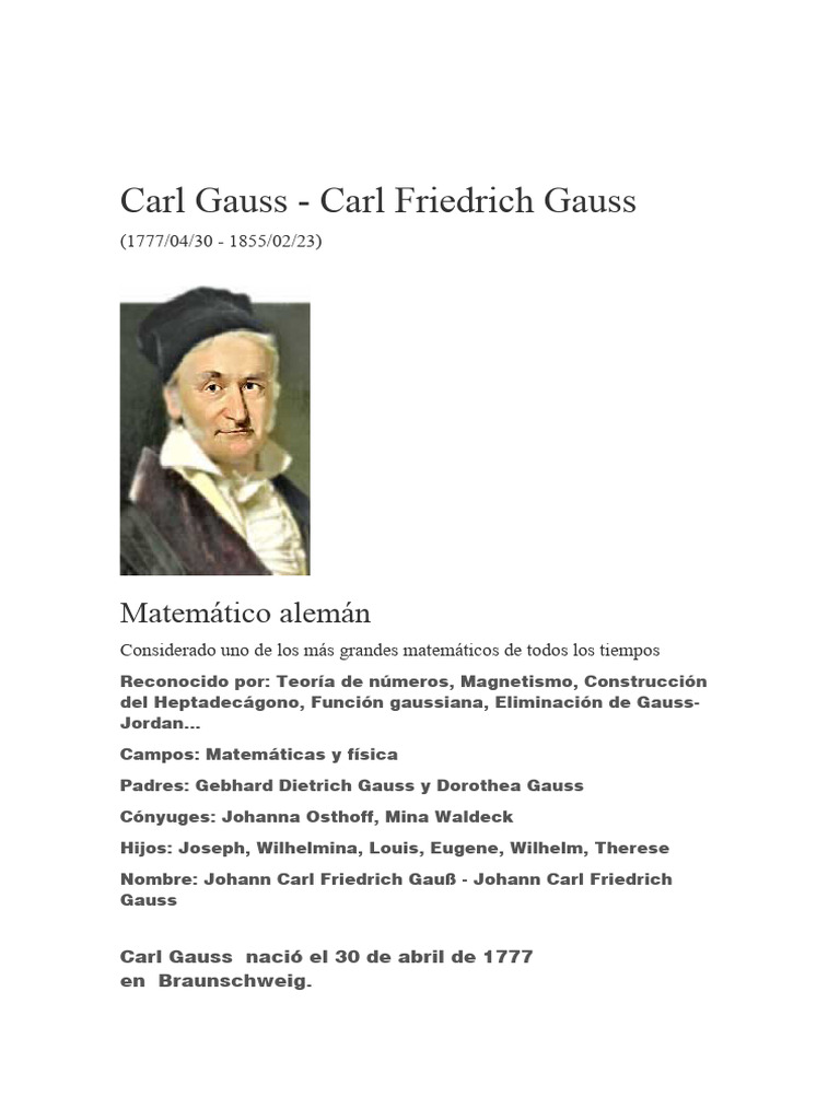Biografía de Carl Friedrich Gauss | PDF | Ciencias fisicas | Matemáticas
