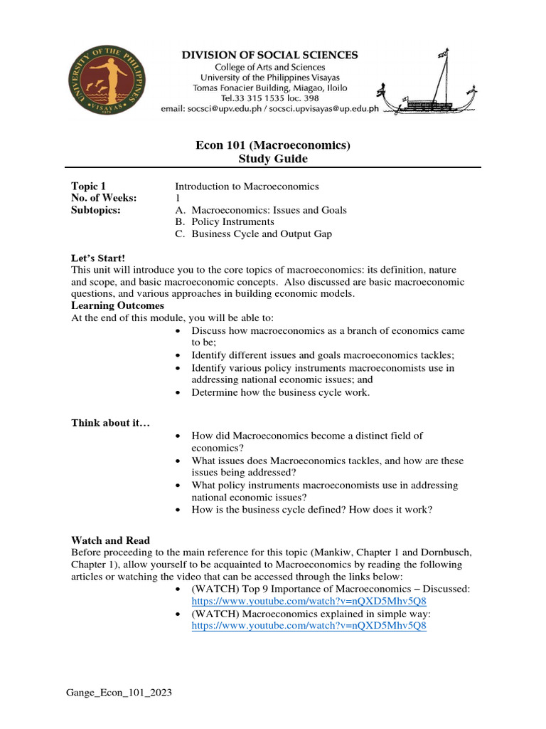 Econ 101 - Study Guide - Topic - 1 | PDF | Macroeconomics | Economics