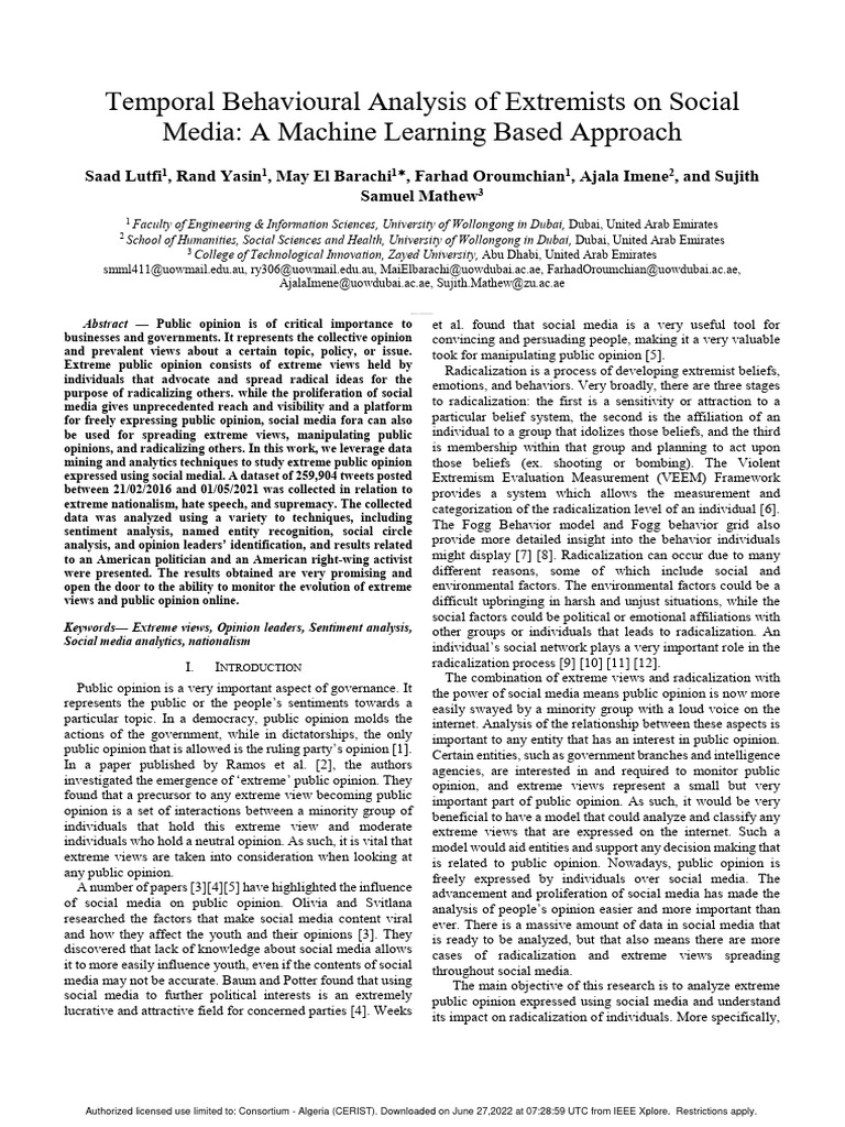 Temporal Behavioural Analysis of Extremists On Social Media - A Machine Learning Based Approach ...