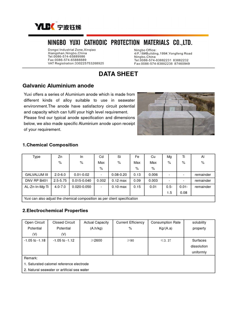 Aluminium Anode Data Sheet | PDF | Electrochemistry | Secondary Sector ...
