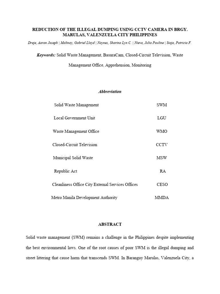 Reduction of The Illegal Dumping Using CCTV 1 Camera | PDF | Closed ...