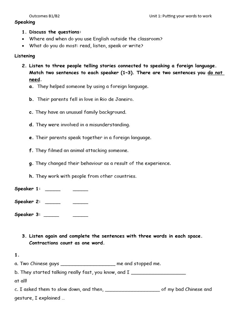 Outcomes Int 1c. Putting Your Words To Work | PDF | Grammatical Tense ...