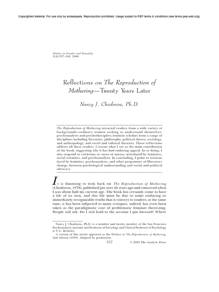 Chodorow - 2000 - Reflections On The Reproduction of Mothering | PDF ...
