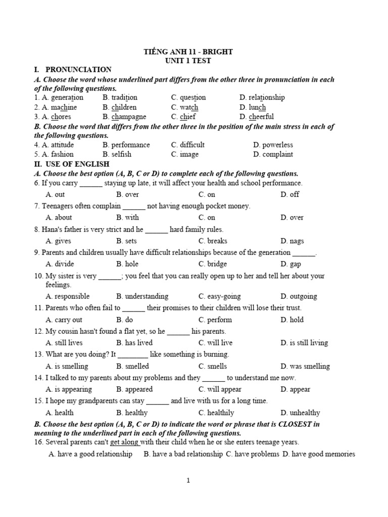 Bright 11 - Unit 1 | PDF
