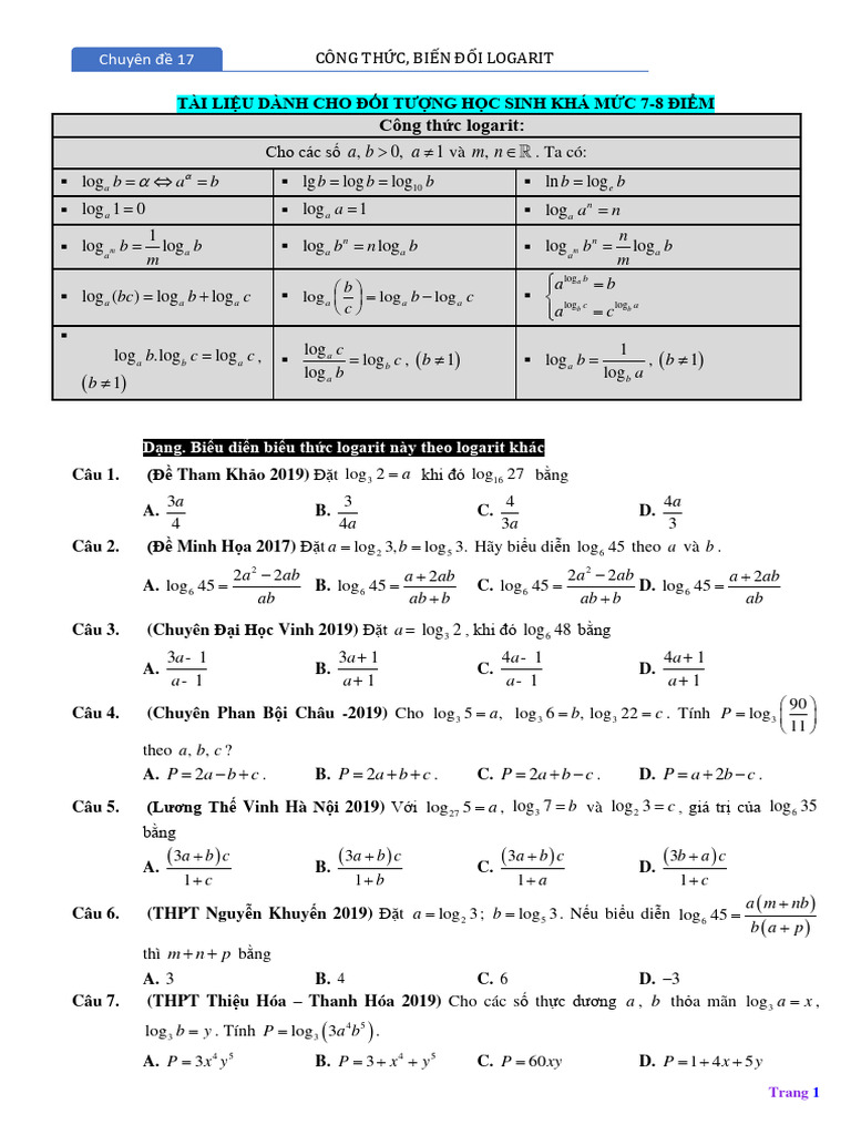 LOGARIT ĐIỂM 7 8 | PDF