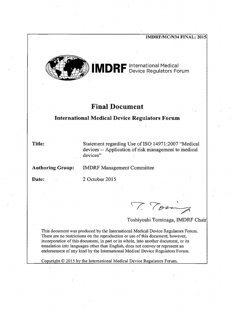 Imdrf Proc 151002 Risk Management n34 | PDF | Medical Device | Food And ...