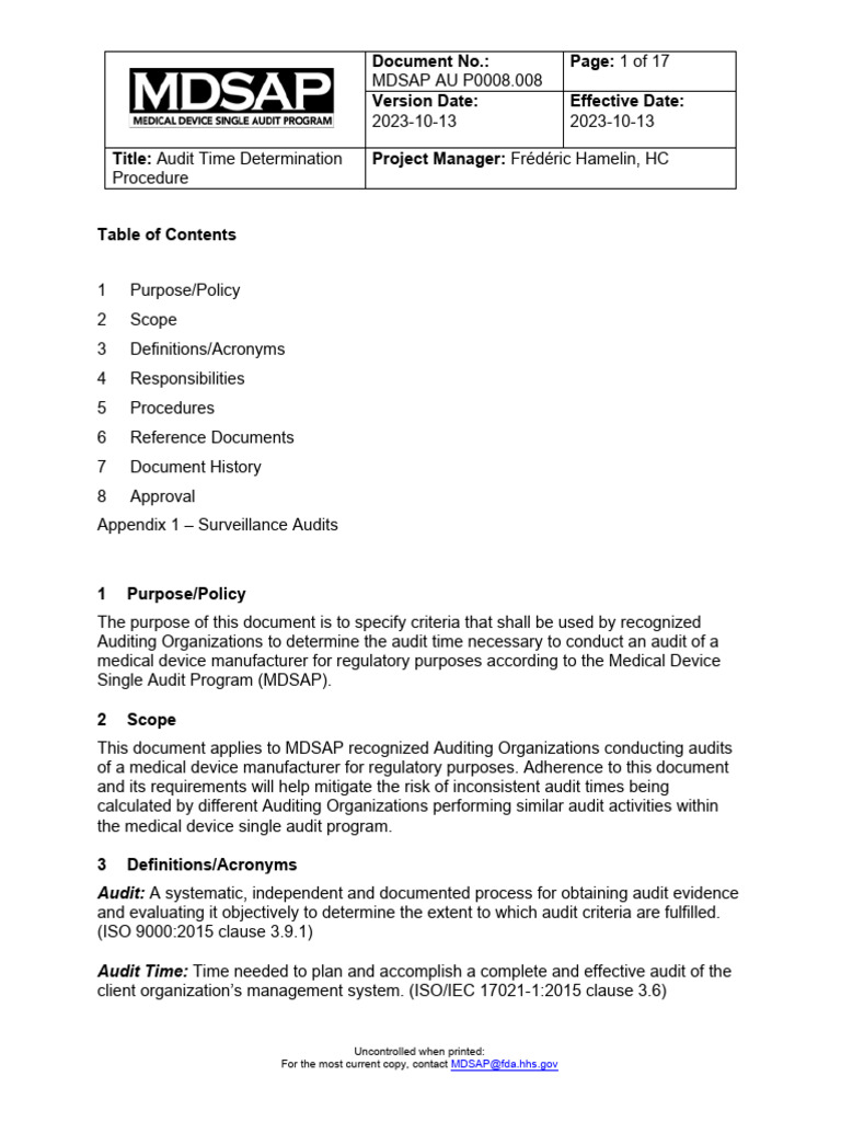 MDSAP AU P0008 008 Audit Time Determination Procedure | PDF | Medical ... MDSAP AU P0008 008 Audit Time Determination Procedure | PDF | Medical ...