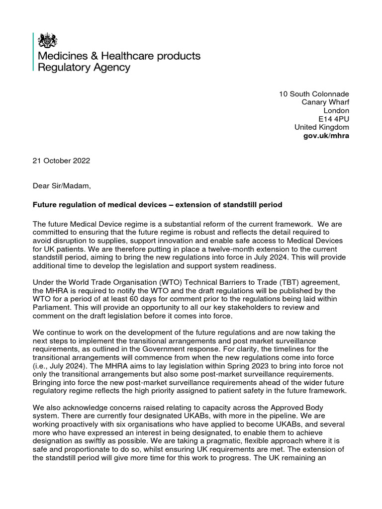 UK Future Regulation of Medical Devices - Extension of Standstill ...