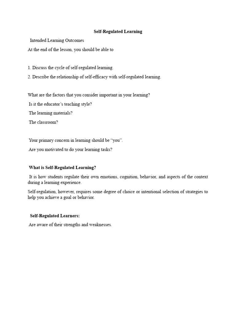 Self Regulated Learning HAND OUT | PDF | Self Efficacy | Learning