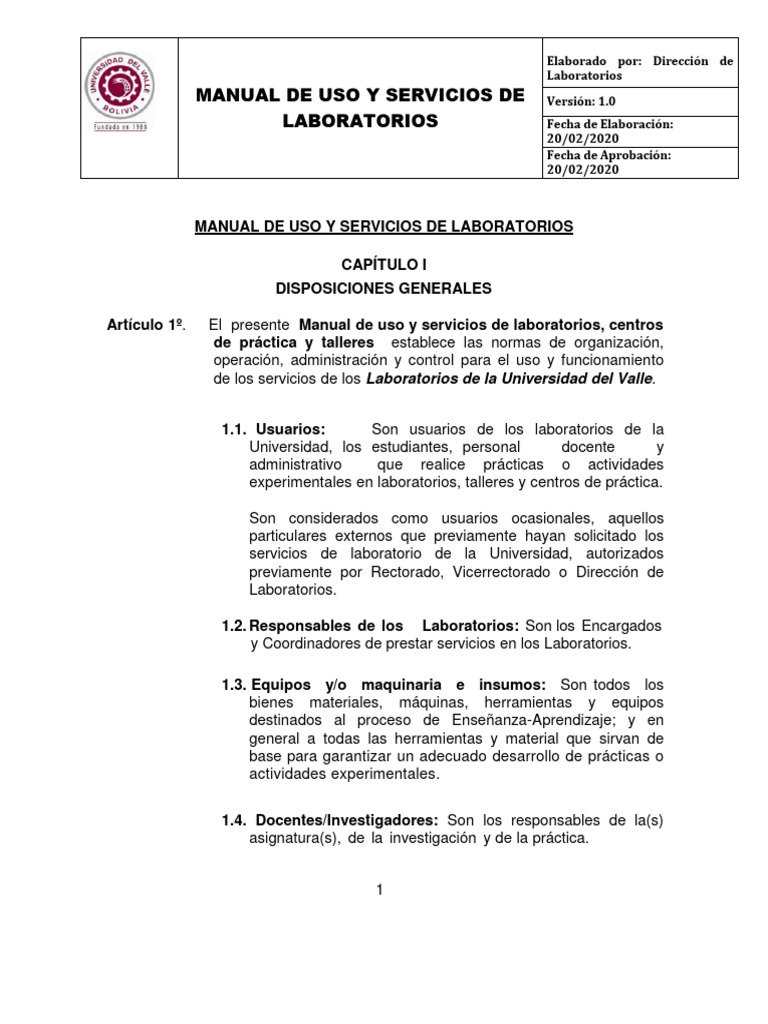 MANUAL DE USO Y SERVICIOS DE LABORATORIOS DE LA UNIVERSIDAD DEL VALLE para Estudio | PDF ...