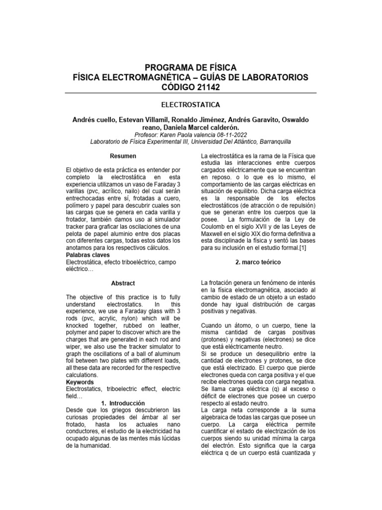 Informe Lab Fisica Electrostatica. | PDF | Carga eléctrica | Electricidad