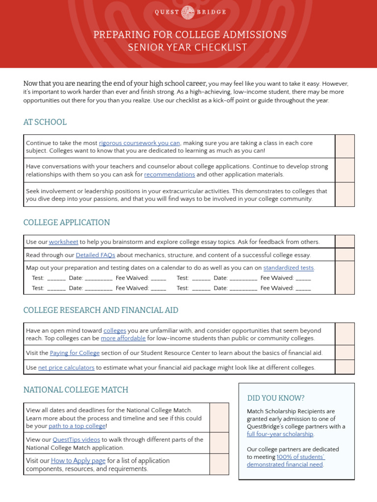 Preparing For College Admissions Senior Year Checklist: at School | PDF ...