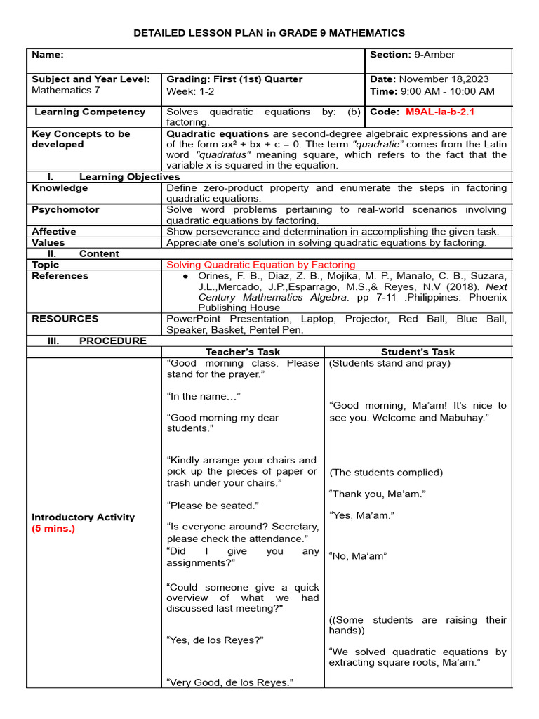 Detailed Lesson 1 Plan Group 7 | PDF | Equations | Quadratic Equation