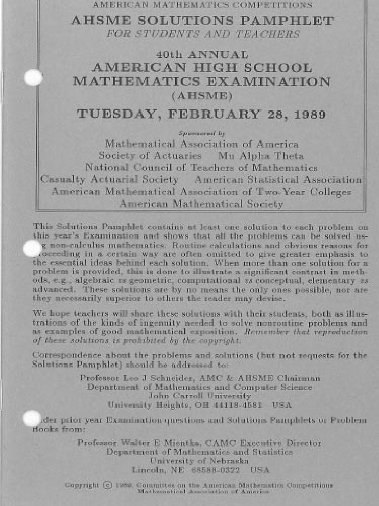 1989 AHSME Solutions | PDF
