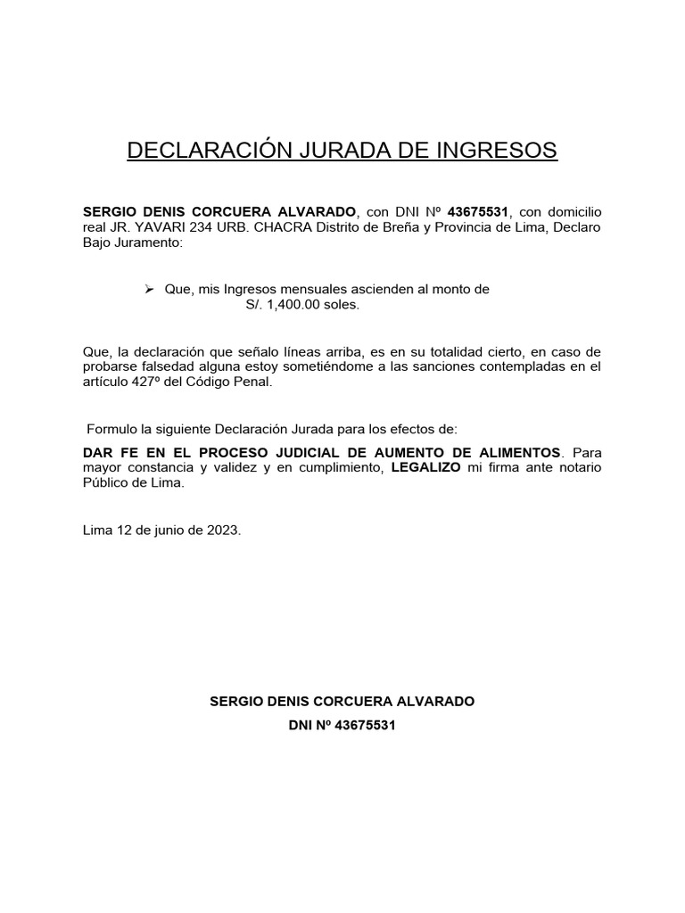 Declaración Jurada de Ingresos | PDF