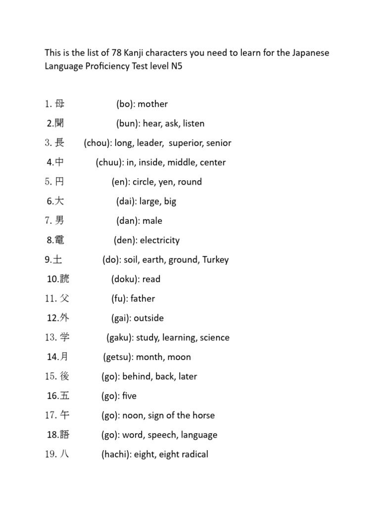 JLPT N5 Kanji List | PDF | Languages Of Taiwan