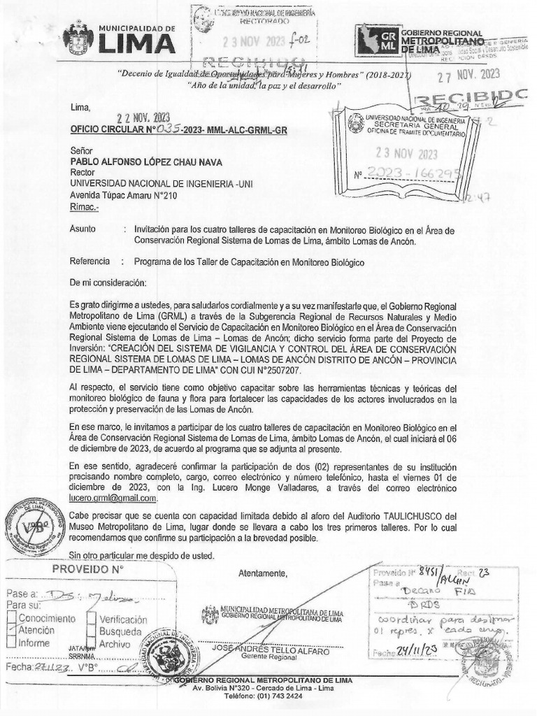 Oficio Circular #035-2023-Mml-Alc-Grml-Gr Invitación A 4 Talleres de Capacitación de Monitoreo ...