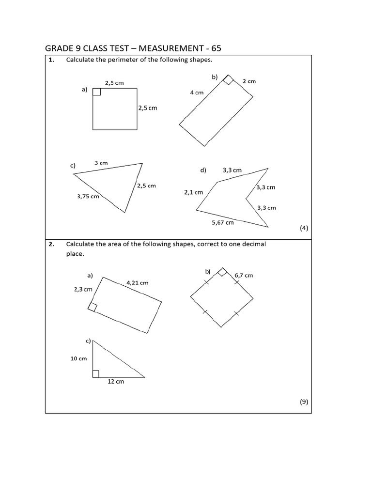 Grade 9 Measurement Test Paper | PDF | Area | Volume