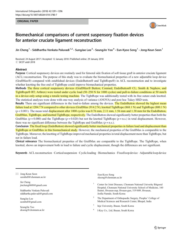 Biomechanical Comparisons of Current Suspensory Fixation Devices | PDF