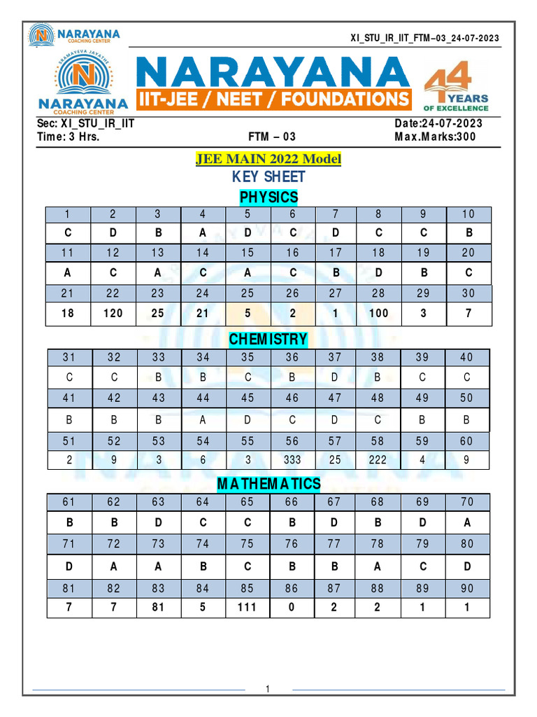 XI IIT IR FTM-03 24.07.2023 Key Sol | PDF | Speed | Velocity