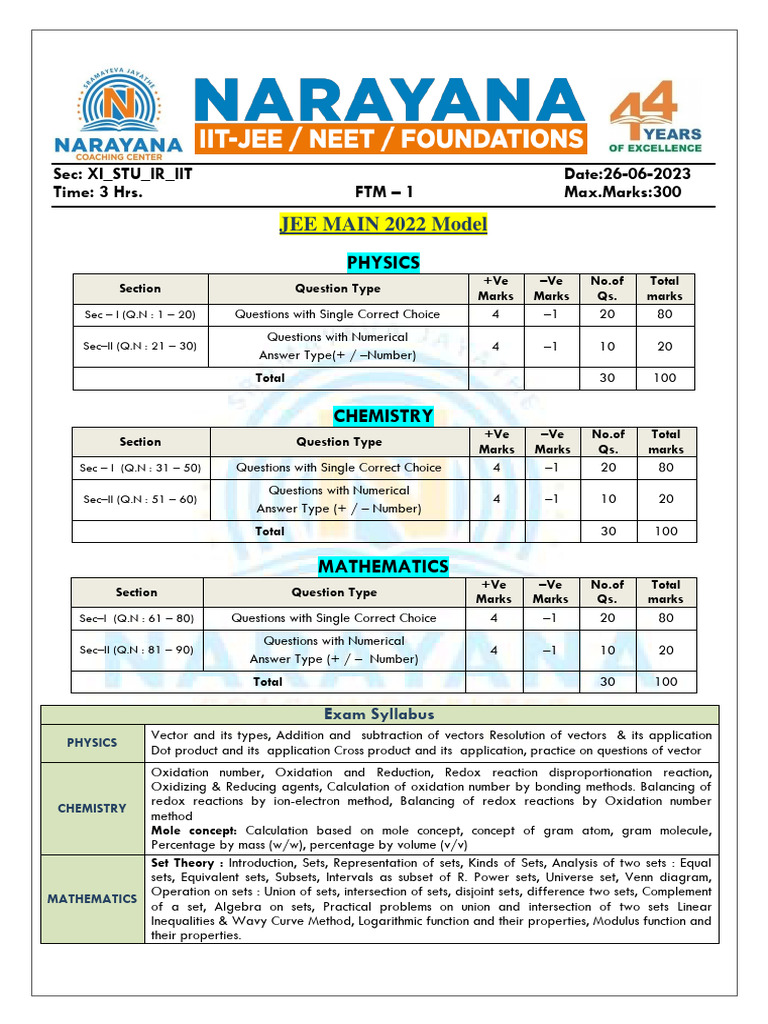 Xi Jee Ir - FTM-1 - 26-06-23 QP | PDF | Euclidean Vector | Mole (Unit)