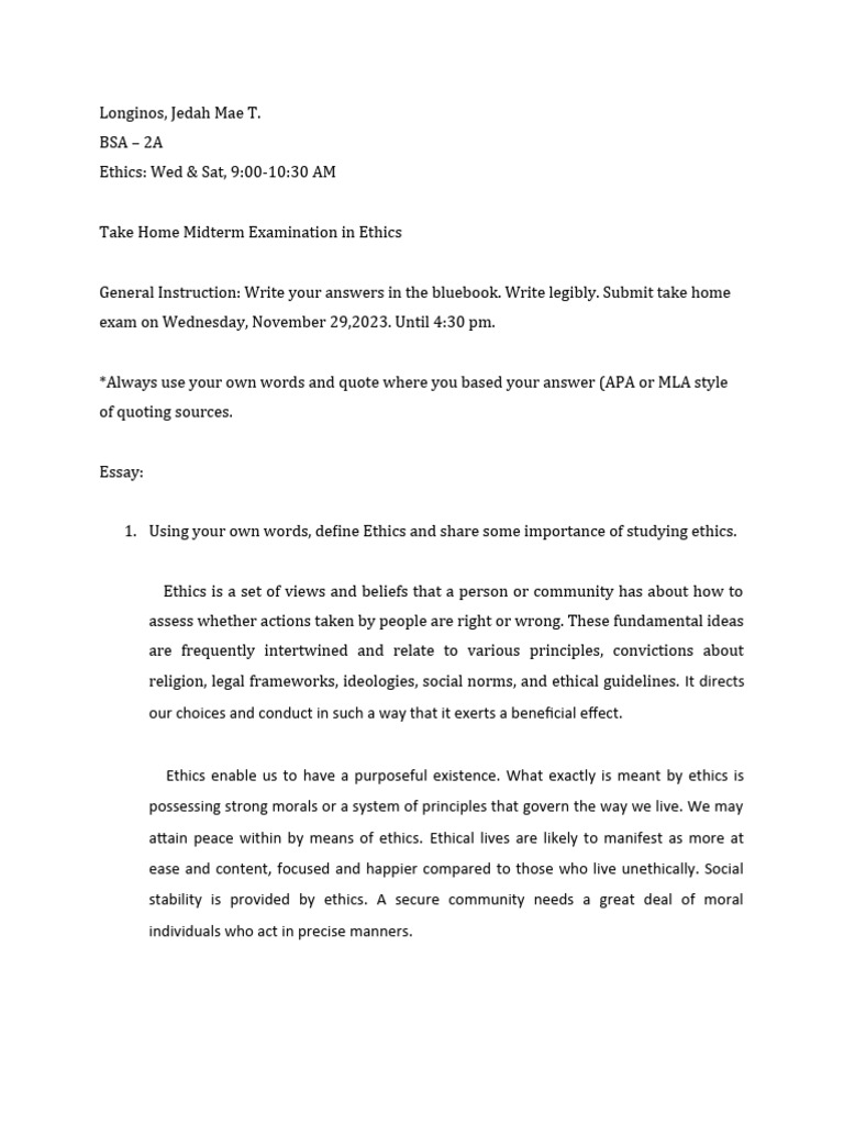Ethics Midterm Longinos | PDF | Morality
