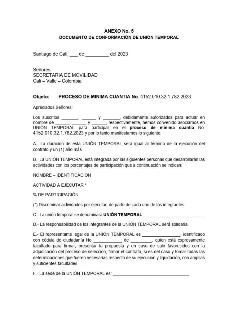 Anexo No. 5 Conformacion de Union Temporal | PDF