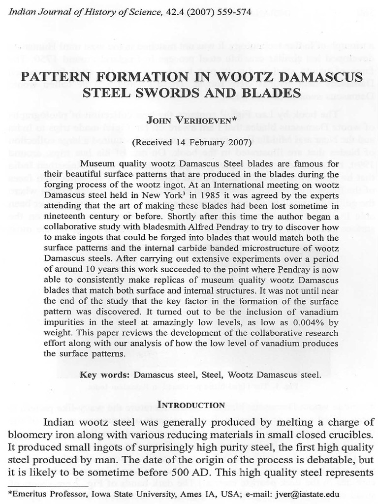(2007) Pattern Formation in Wootz Damascus Steel Swords and Blades - J ...