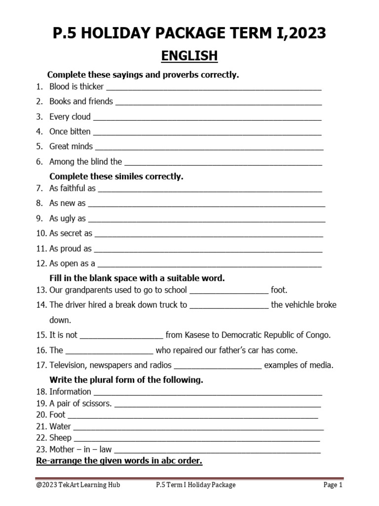 TekArt Learning P.5 CLASS HOLIDAY PACKAGE TERM ONE 2023 | PDF | Jesus ...