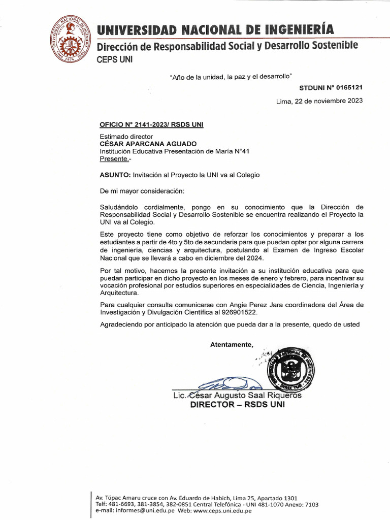 Oficio N°2141-2023 Invitación Al Proyecto La Uni Va Al Colegio | PDF