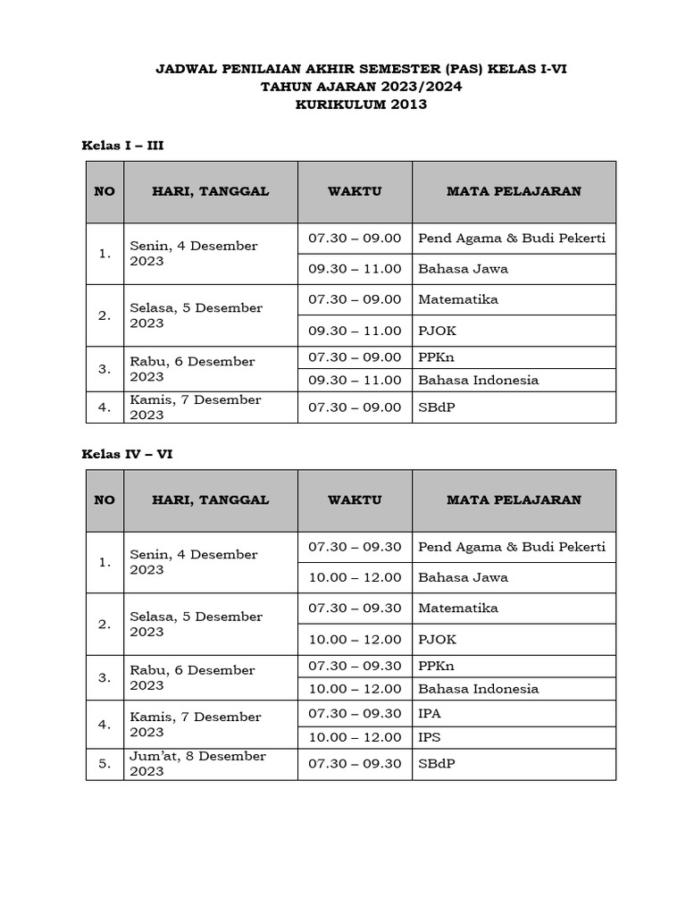 Jadwal Pas-Sas 2023-2024 | PDF