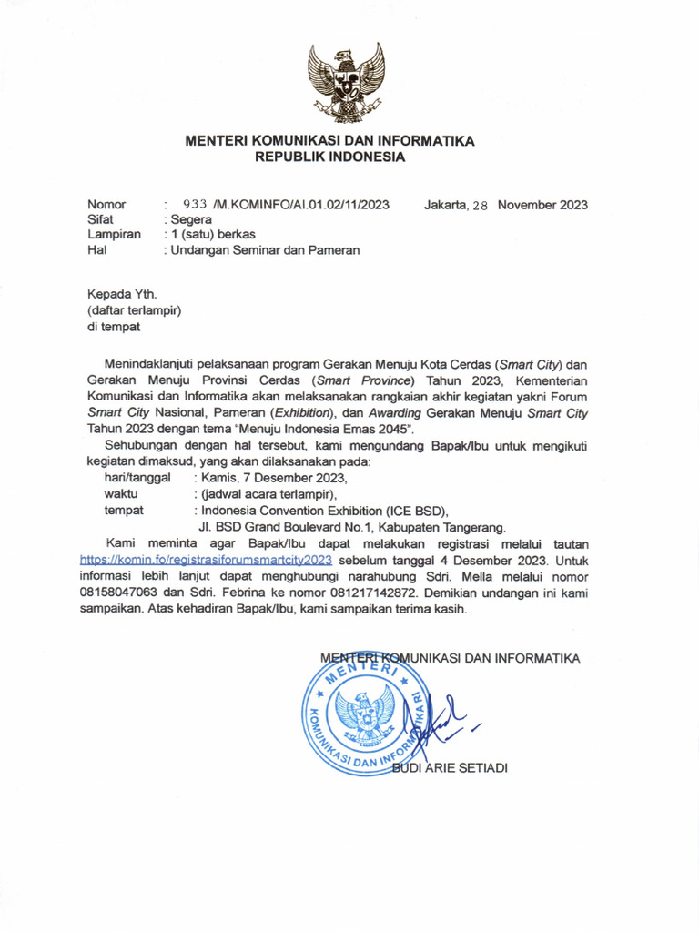 933 - Surat Undangan Peserta Seminar Dan Pameran Smart City 2023 (Sign ...