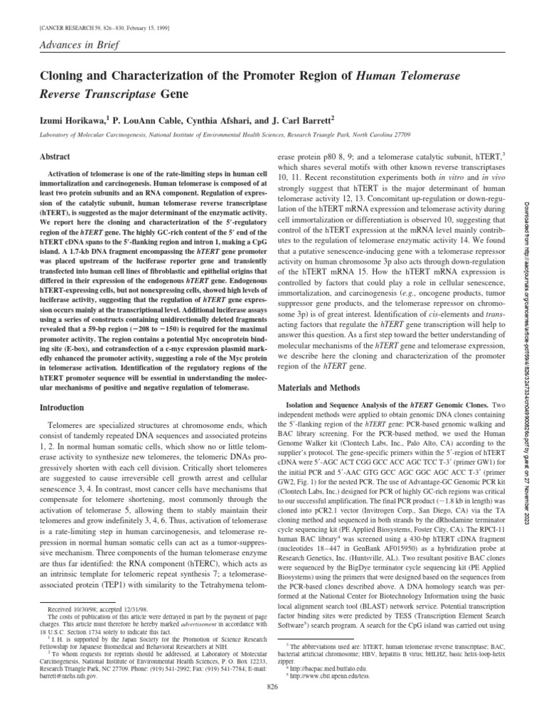 Cloning and Characterization of The Promoter Region of Human Telomerase Reverse Transcriptase ...