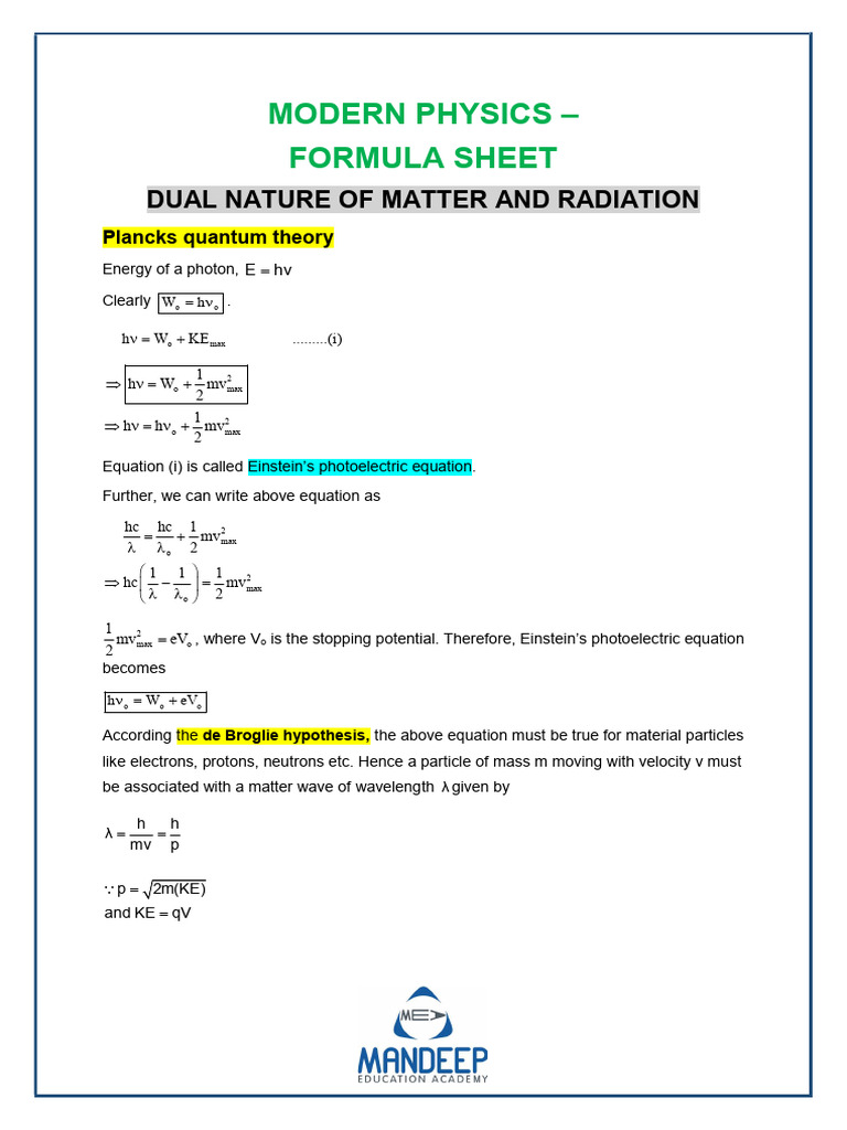 Modern Physics Formula Sheet | Download Free PDF | Electron | Atomic Nucleus