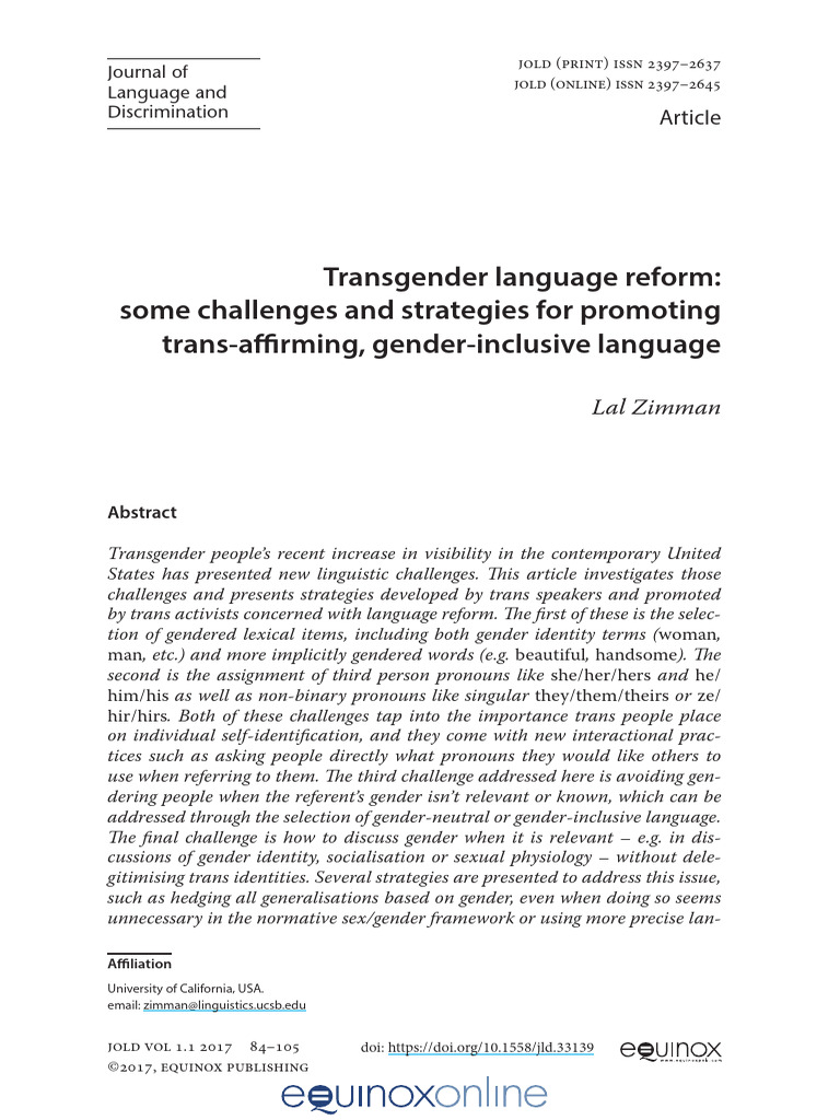 Zimman 2017 Transgender Language Reform | PDF | Gender | Gender Studies