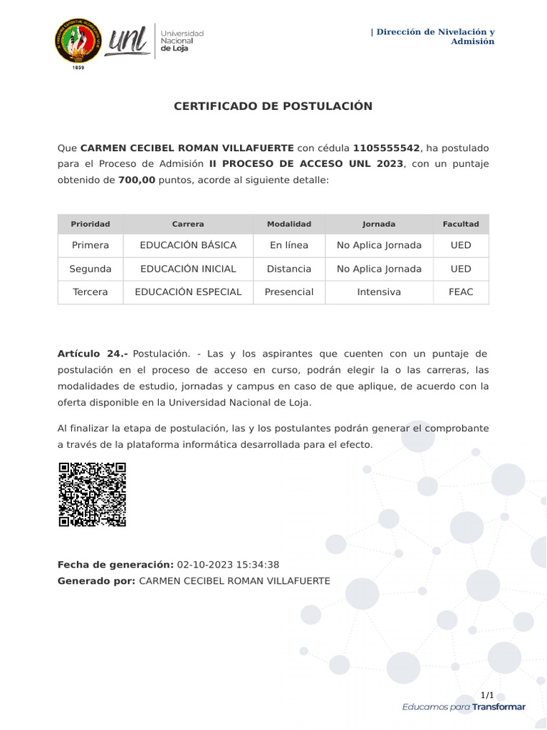 Certificado de Postulación UNL 2023 | PDF