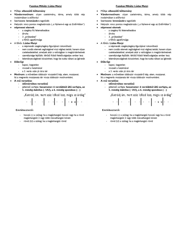 Összefoglaló Vázlat Lúdas Matyi | PDF