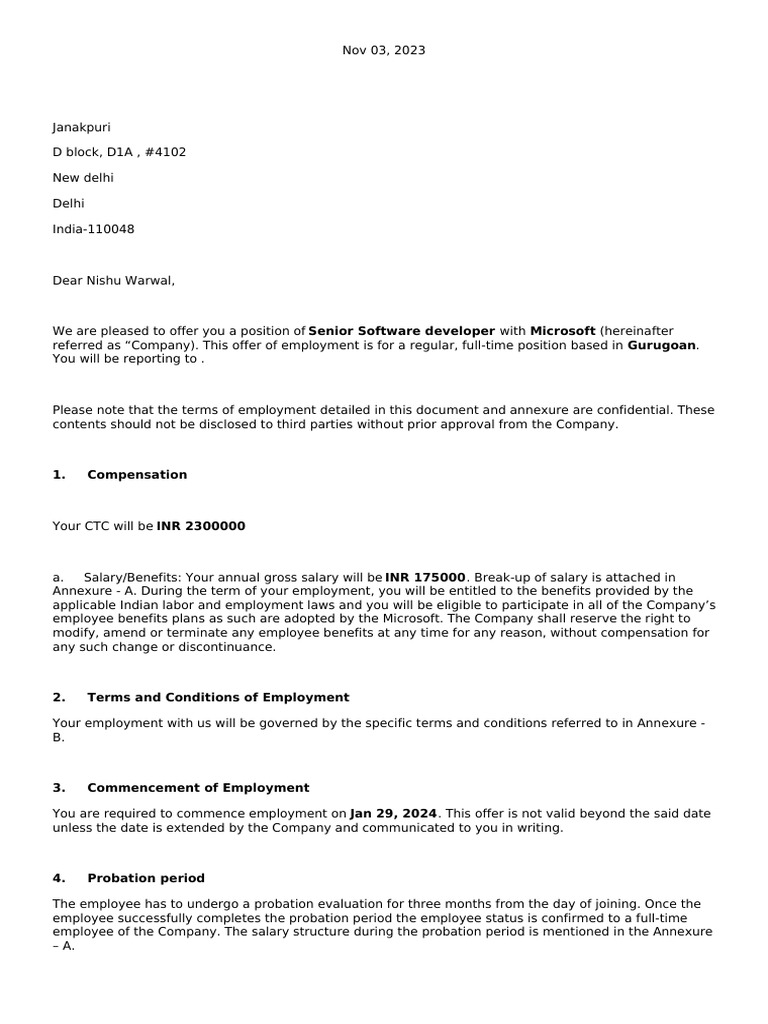 Microsoft Job Offer for Nishu Warwal | PDF | Employment | Identity Document