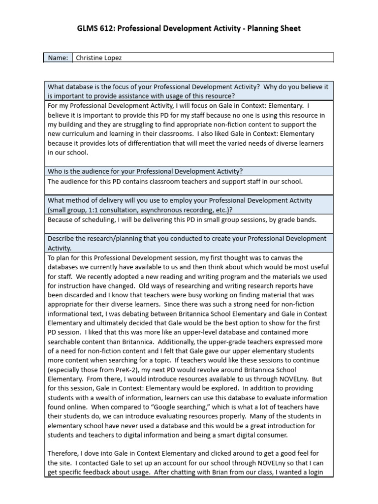 Christine Kafkalas Lopez Professional Development Activity Planning Sheet | PDF | Libraries ...