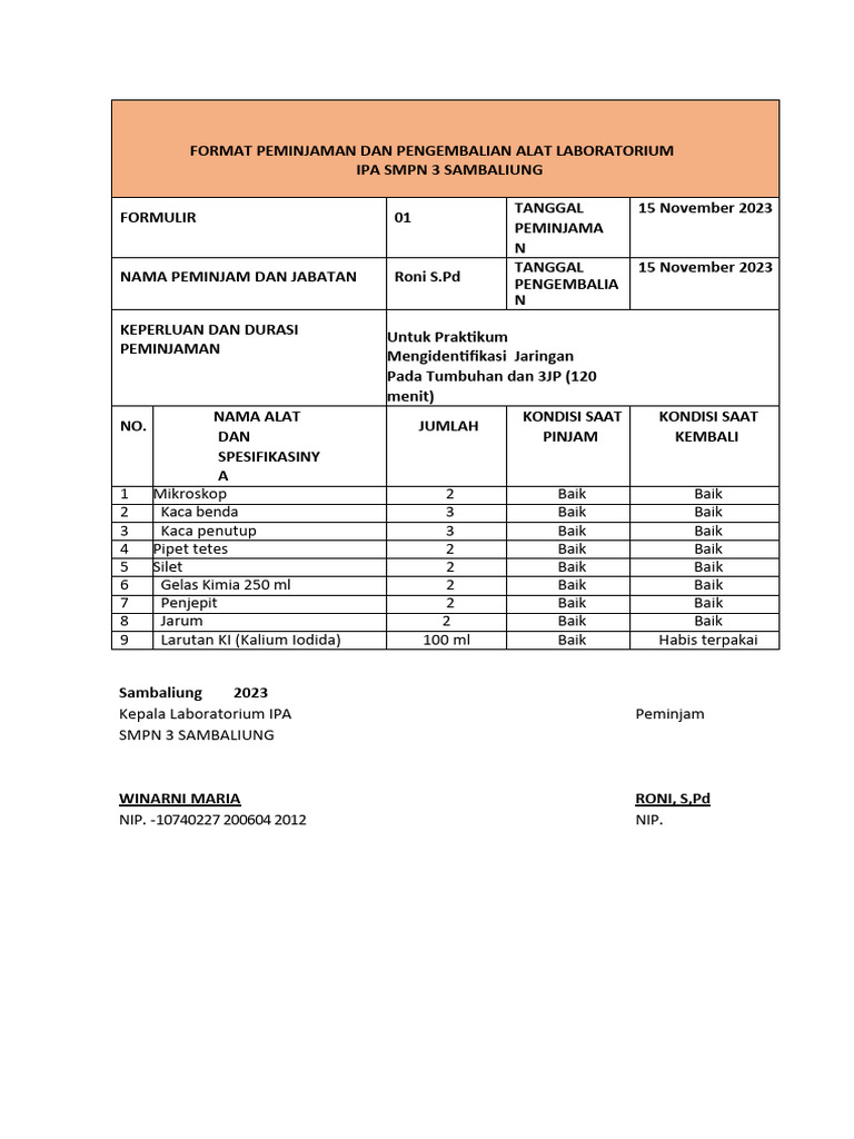 Format Peminjaman Dan Pengembalian Alat Laboratorium Ipa SMPN 3 ...