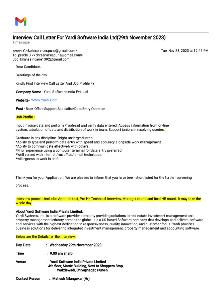 Yardi Software Interview Call Letter | PDF | Software | Computing