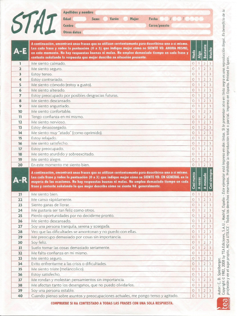 Cuadernillo Respuestas Stai | PDF
